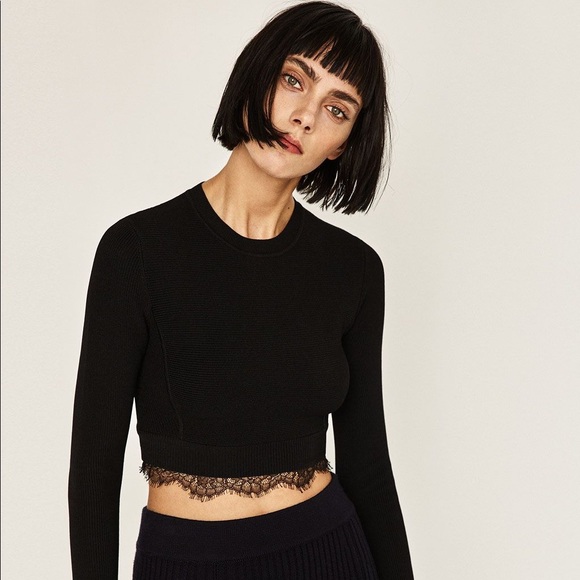 Zara | Tops | Zara Black Long Sleeve Cropped Top With Lace Hem | Poshmark